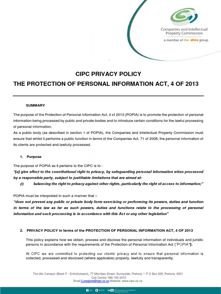 Cipc Popia Privacy Policy v1.1 27102021 | PDF | Security | Computer ...