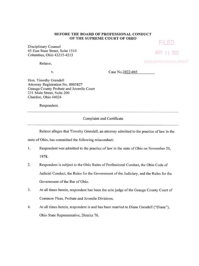 Complaint Against Judge Tim Grendell | PDF