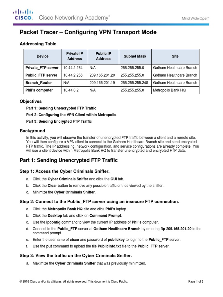 4.3.3.3 Packet Tracer - Configuring VPN Transport Mode | Download Free PDF | File Transfer ...