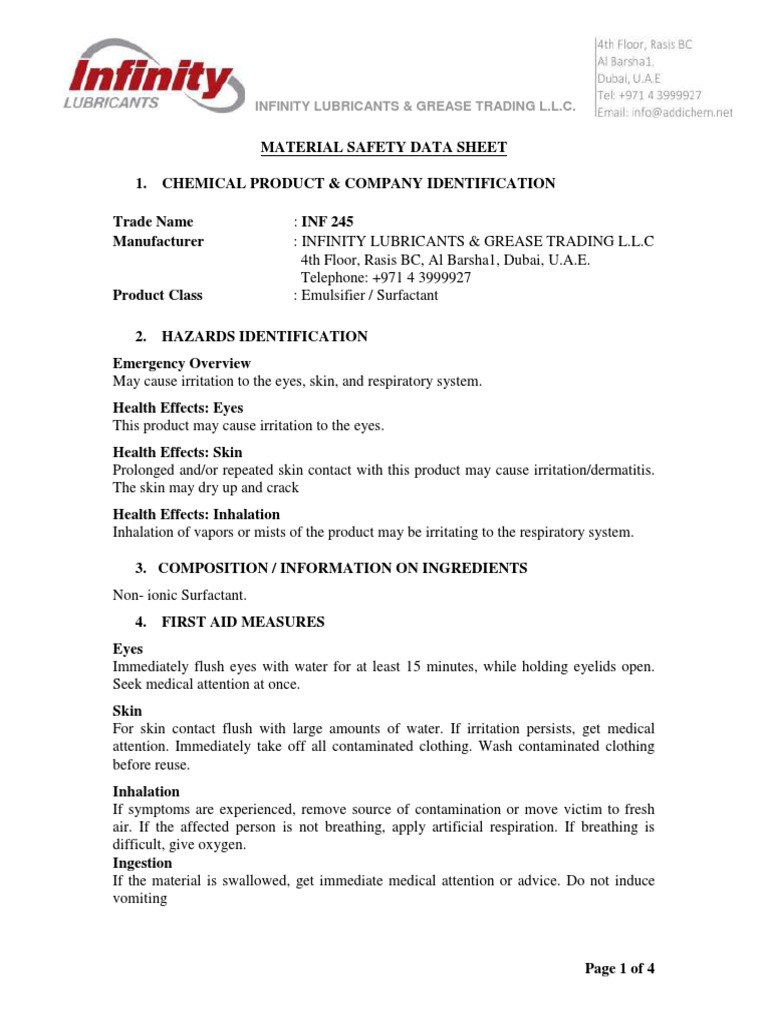 INF 245 Msds | PDF | Hazardous Waste | Personal Protective Equipment