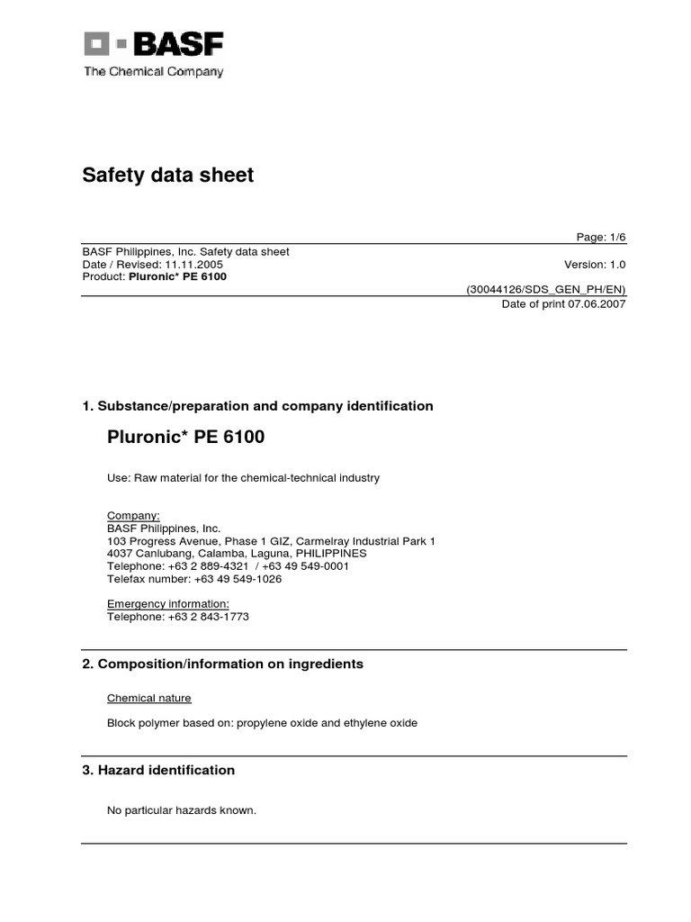 Pluronic PE 6100 - MSDS | PDF | Water | Personal Protective Equipment
