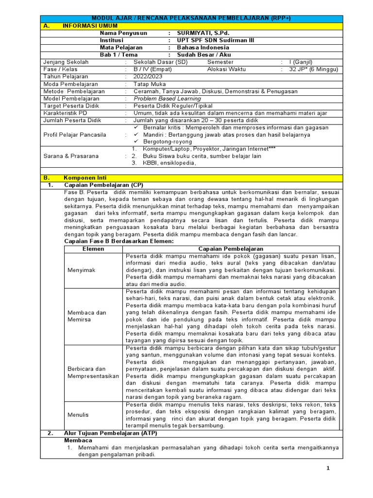 RPP Bindo Kls IV Sms 1 | PDF