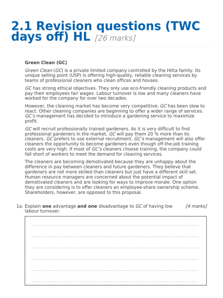 2.1 Revision Questions TWC Days Off HL | PDF | Employment | Restaurants