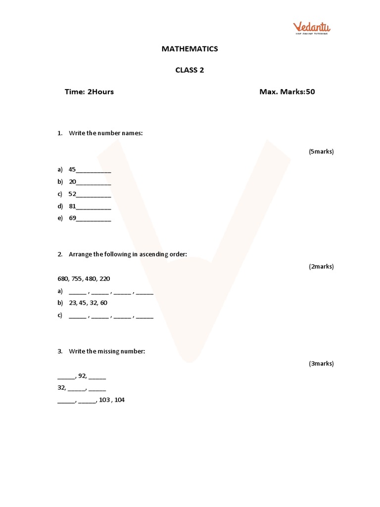 CBSE Sample Papers for Class 2 Maths - Mock Paper 2 | PDF | Numbers ...