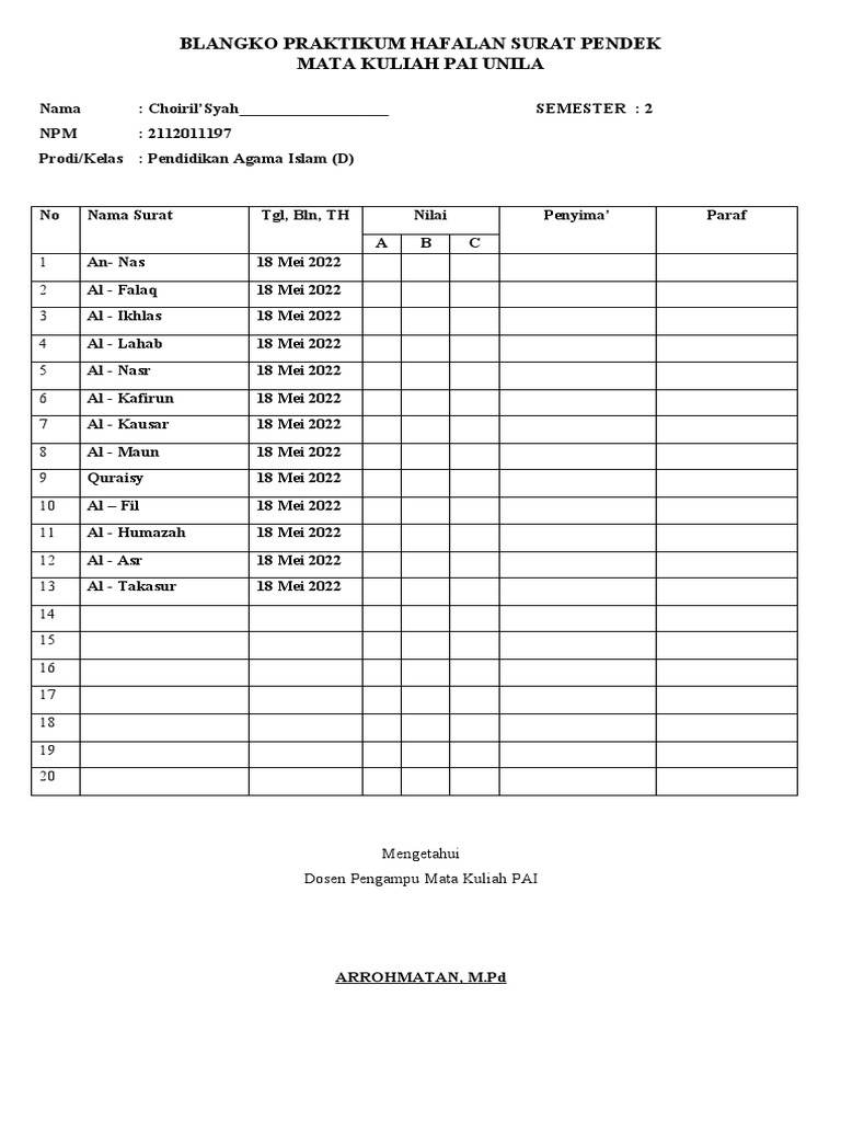 Blangko Praktikum Hafalan Surat Pendek-1 | PDF