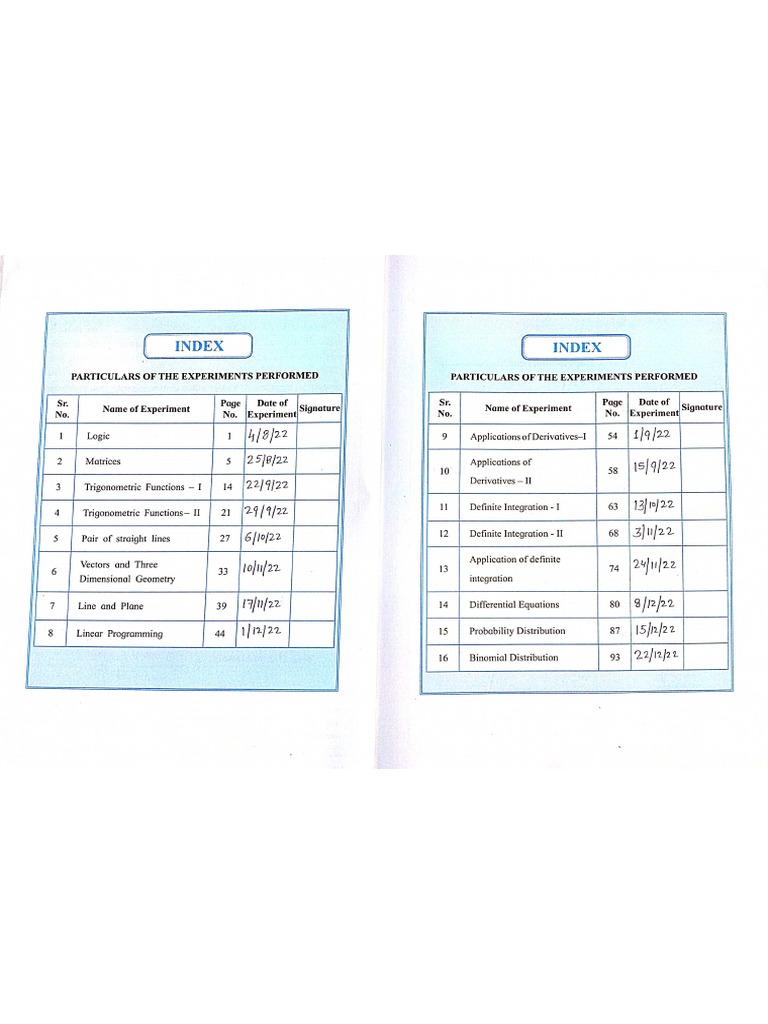 Math Practical Index Page For Dates and Certificate Page | PDF
