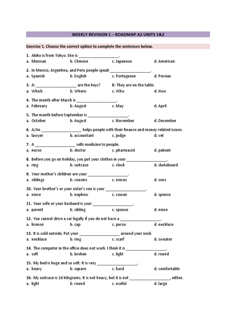 Weekly Revision 1 - Roadmap A2 Units 1&2 | PDF | Language Arts & Discipline | Foreign Language ...