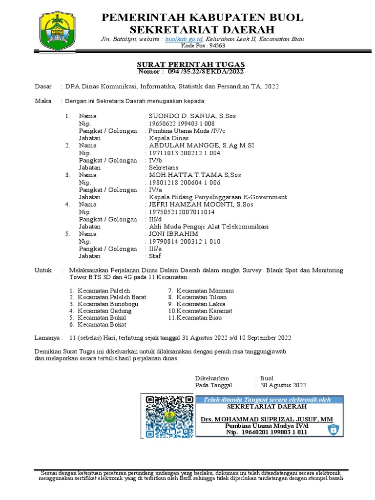 Surat Tugas Tower 11 Kec 2022 TTE SEKDA - Signed | PDF