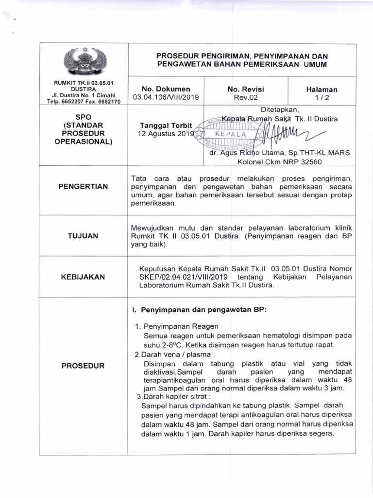 SPO Prosedur Pengiriman Penyimpanan & Pengawetan Bahan Pemeiksaa | PDF