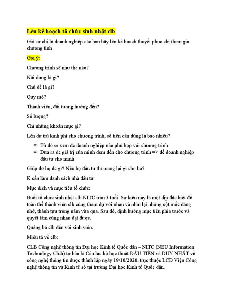 Lên kế hoạch tổ chức sinh nhật cl1 | PDF