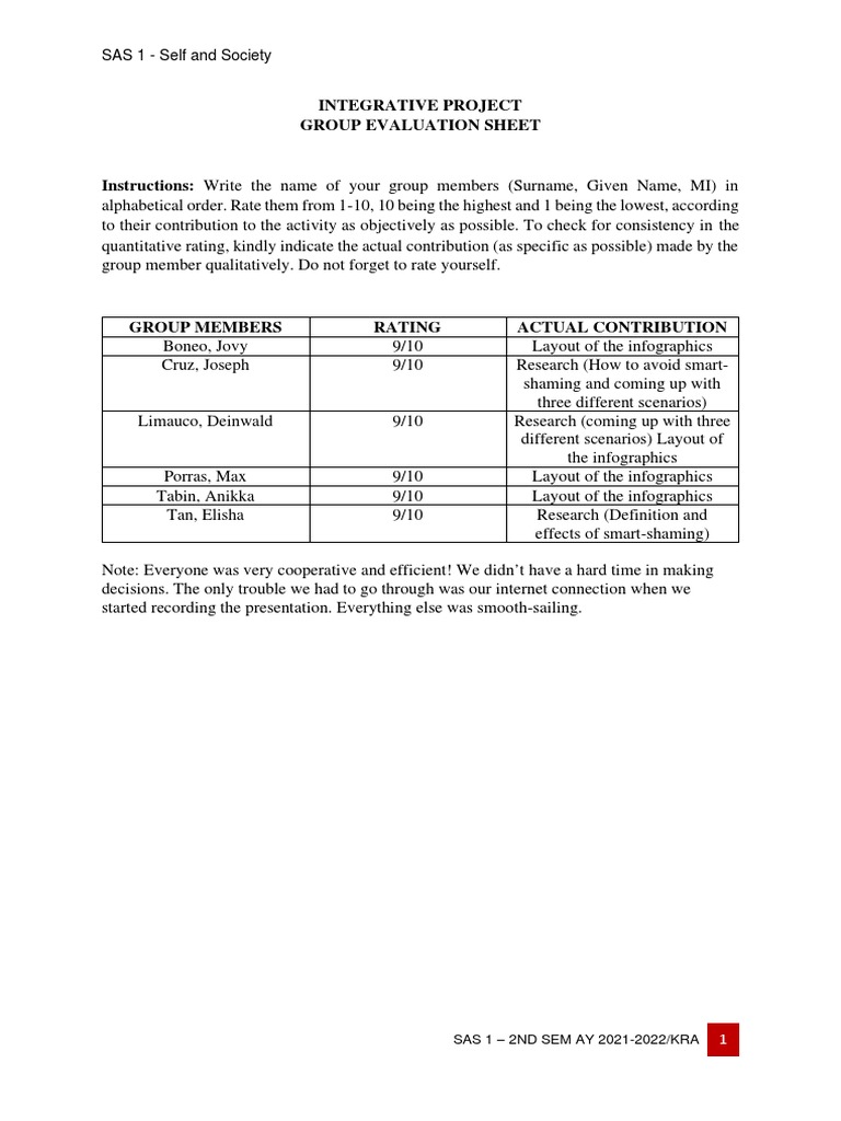 SAS 1 Group Evaluation Sheet | PDF