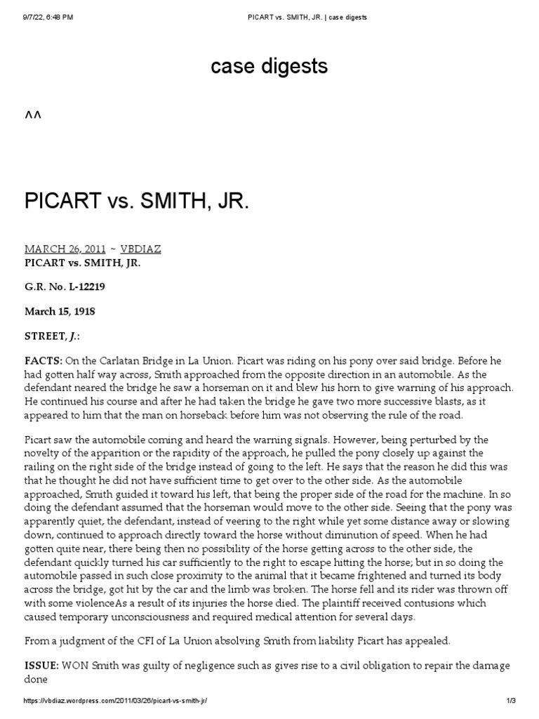 Picart v. Smith: Negligence Case Summary | PDF | Negligence | Applied ...