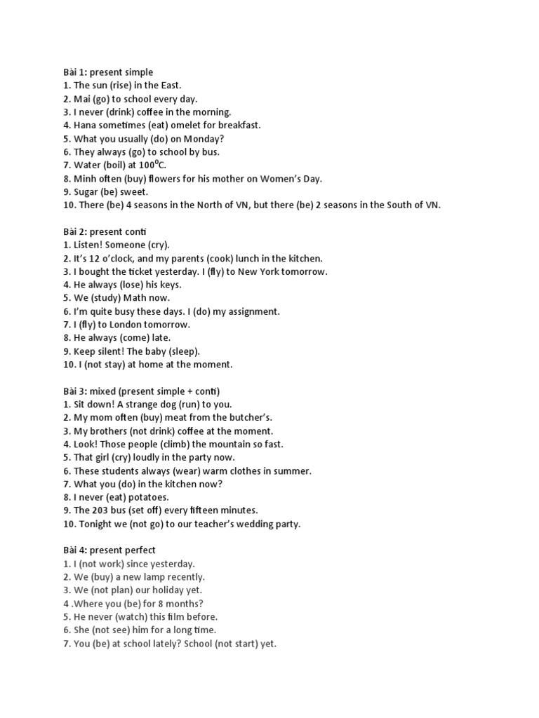 Present and Past Tense Exercises | PDF