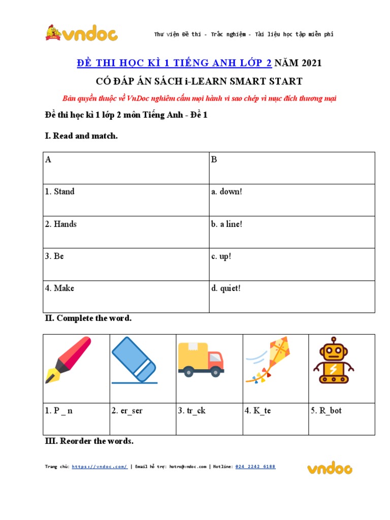 De Thi Tieng Anh Lop 2 Hoc Ki 1 I Learn Smart Start Nam 2021 | PDF