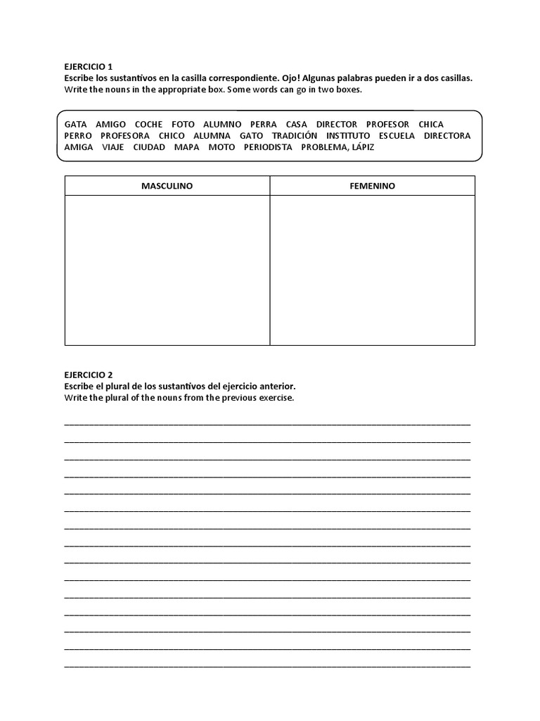 Ejercicio de Sustantivos y Plurales | PDF | Artes del Lenguaje y ...