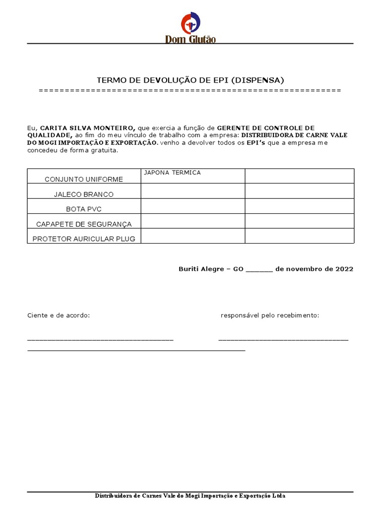 Termo de Devolução de EPI Dispensa | PDF