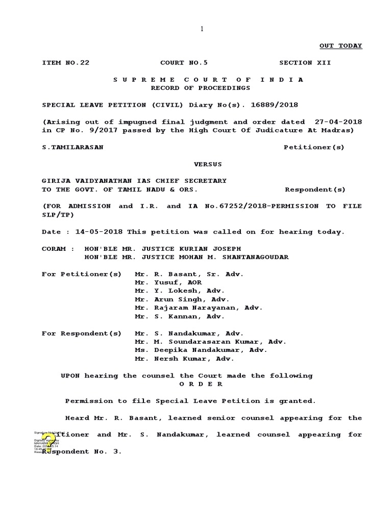 SCI Tamilarasan Kumbakonam Case Order | PDF | Common Law | Government
