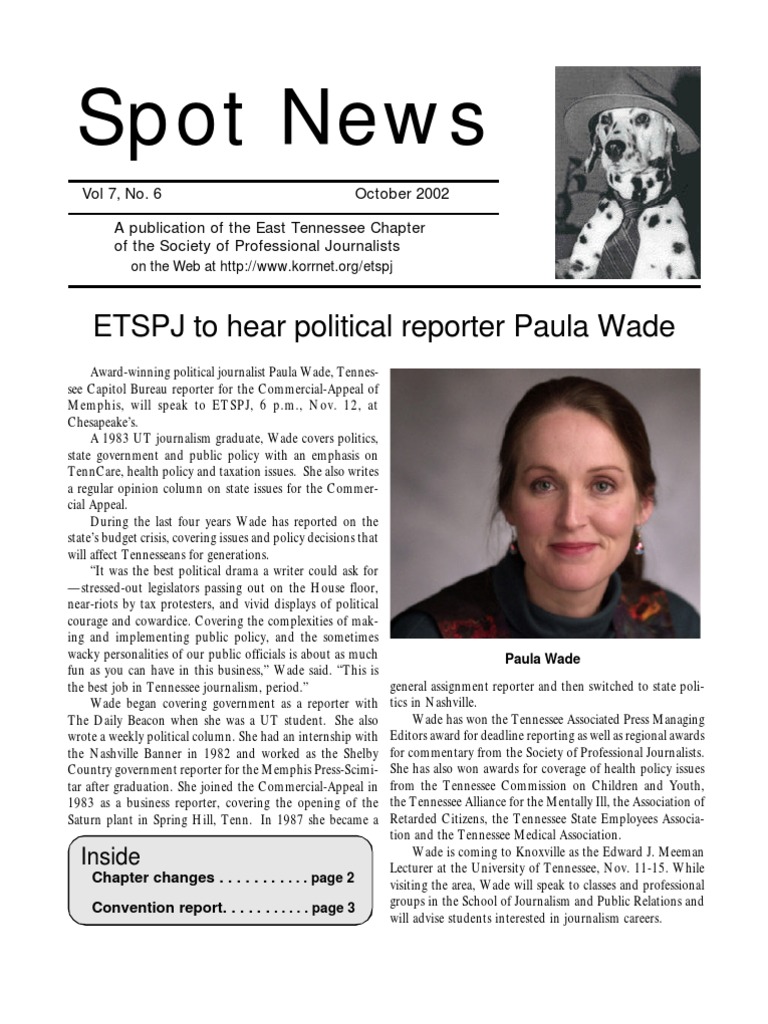 Spot News: ETSPJ To Hear Political Reporter Paula Wade | PDF | Politics