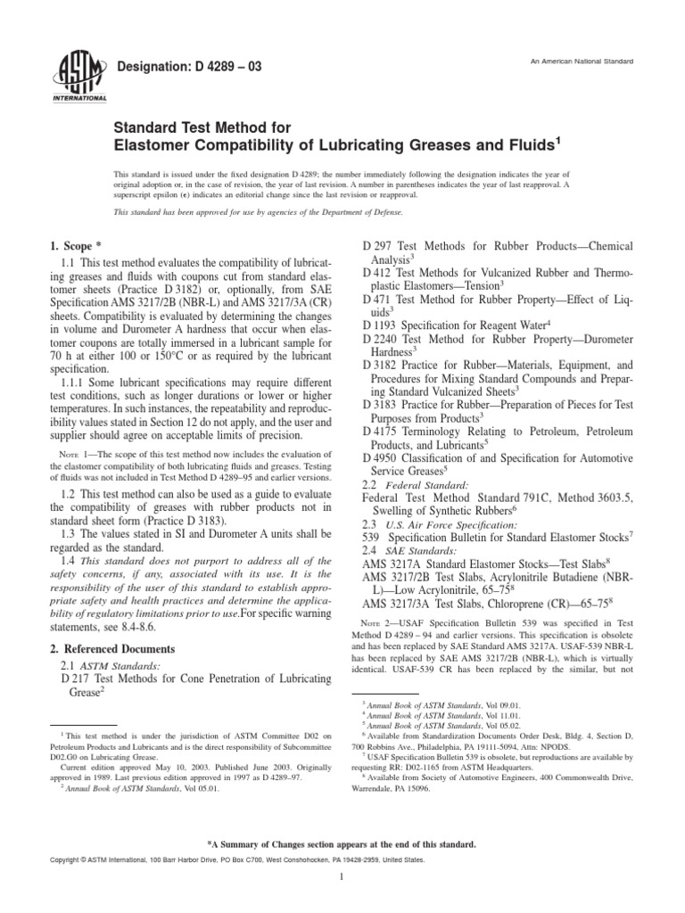 ASTM D4289-03 Standard Test Method For Elastomer Compatibility of ...