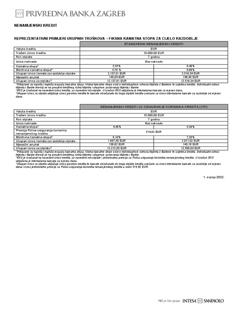 Reprezentativni Primjer - Nenamjenski Kredit - 1.7.2022. | PDF
