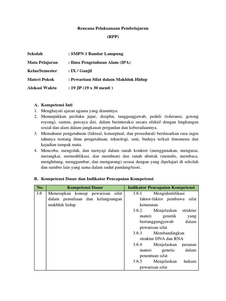 RPP Pewarisan Sifat Kelas 9 | PDF