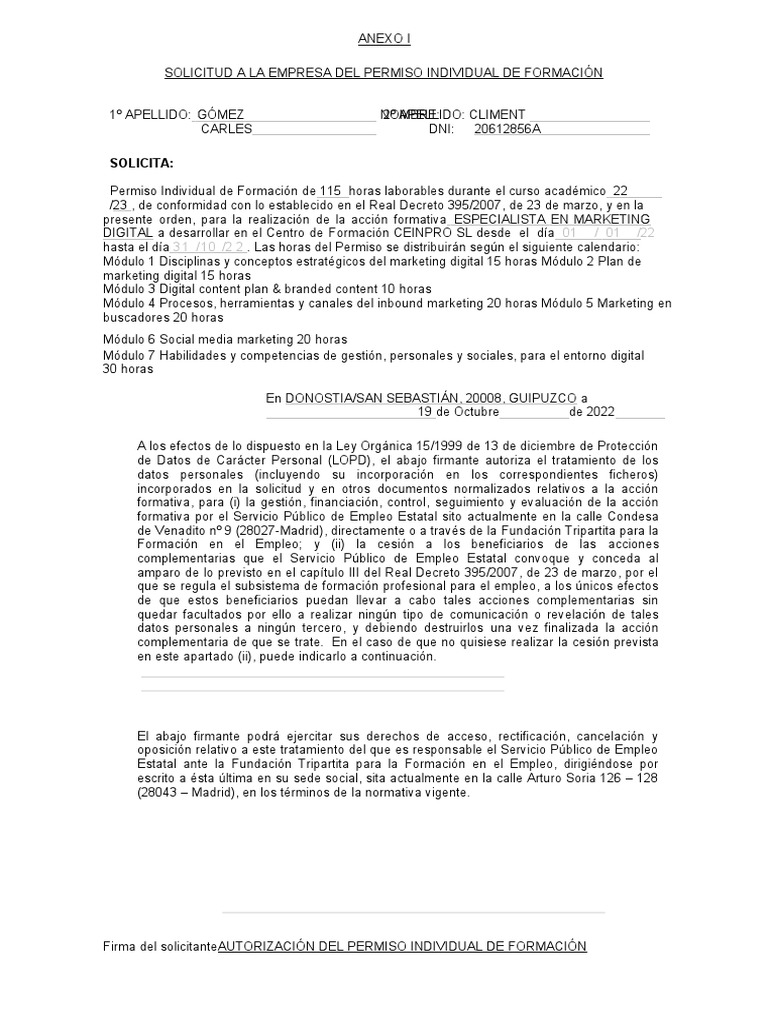 Solicitud-Pif Carles Gómez Climent | PDF | Marketing