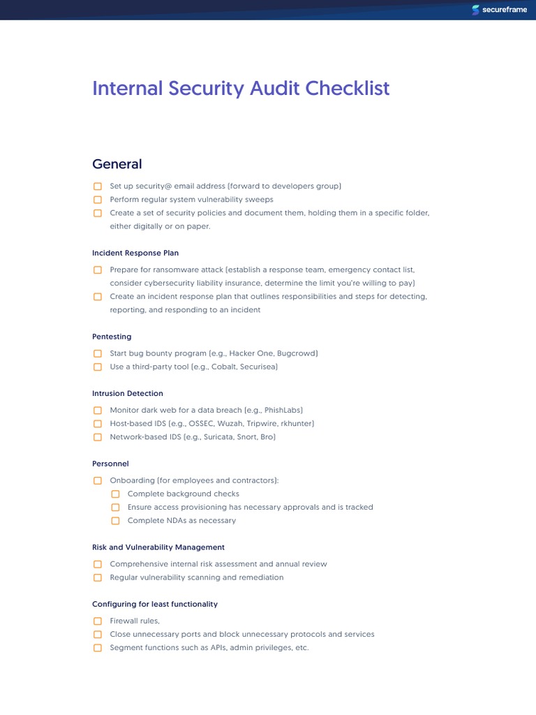 Security Checklist Secureframe Pdf Security Computer Security