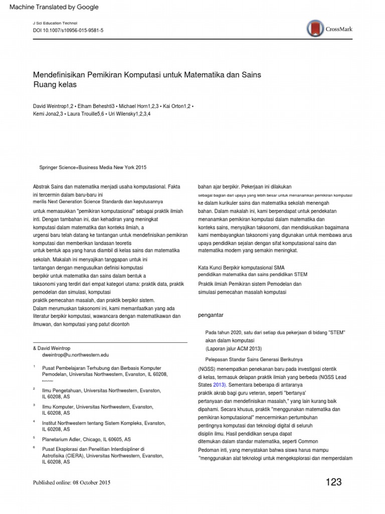 Terjemahan Defining Computational Thinking For Mathematics and Science Classrooms | PDF