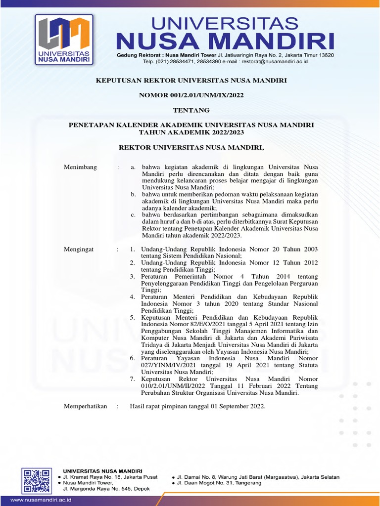 SK Penetapan Kalender Akademik UNM 2022 - 2023 | PDF