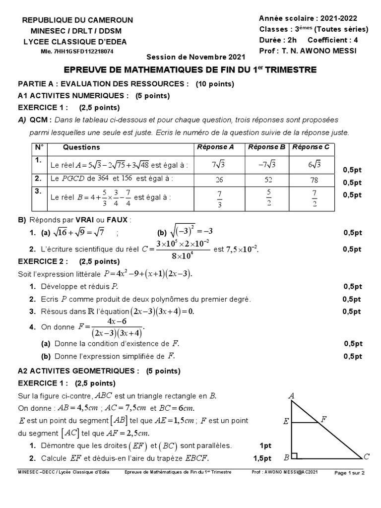 Épreuve de Maths 3ème - 1er Trimestre | PDF | Mathématiques