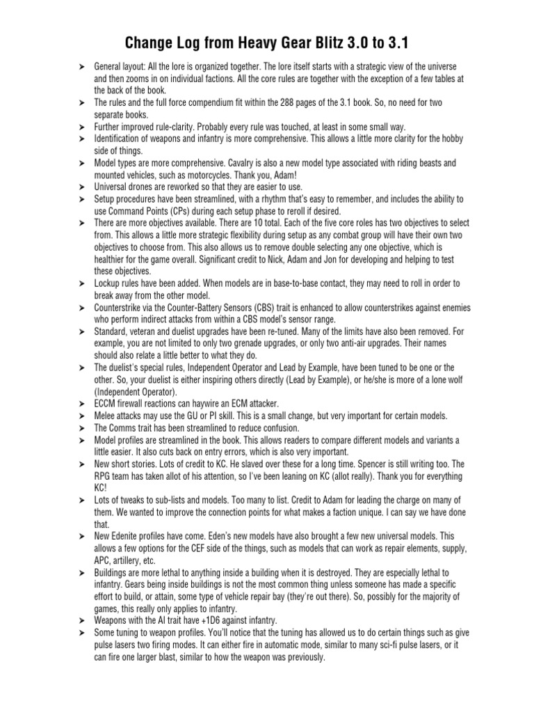 Change Log From Heavy Gear Blitz 3.0 To 3.1 | PDF | Infantry