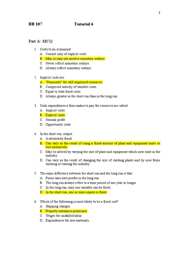 BB 107 (Spring) Tutorial 6(s) | PDF | Average Cost | Long Run And Short Run