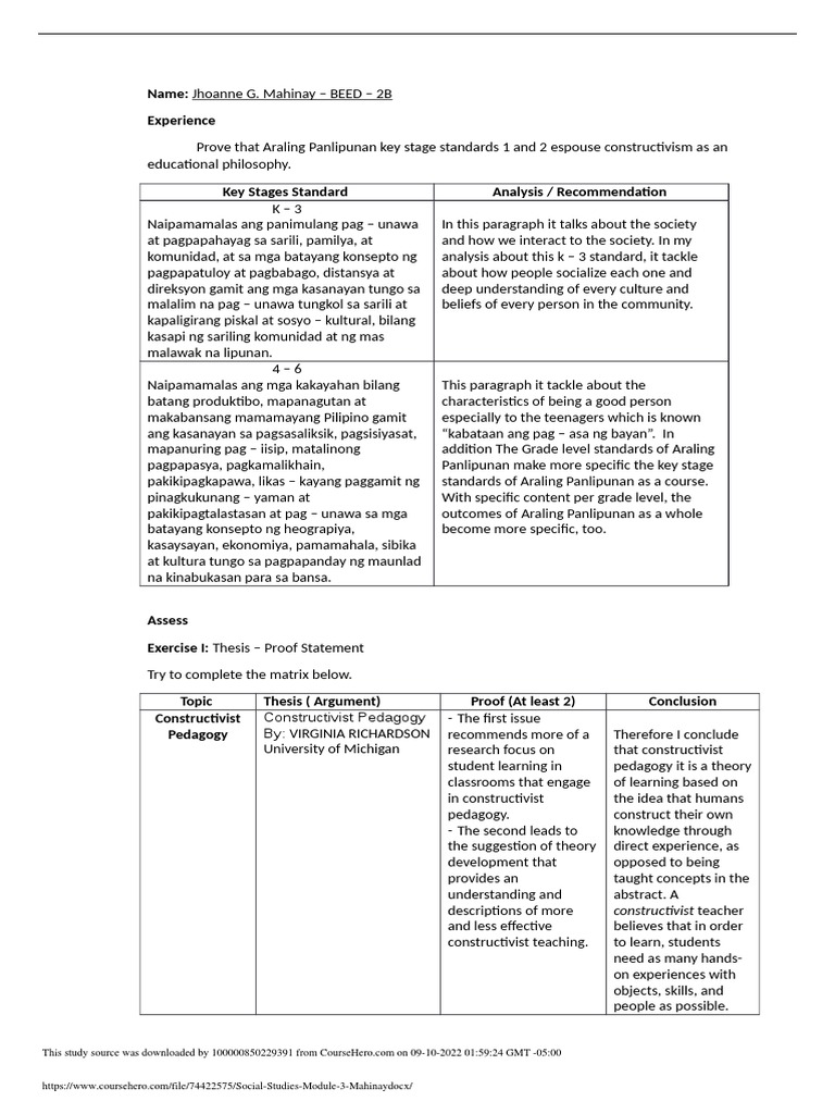 Social Studies Module 3 Mahinay | PDF | Constructivism (Philosophy Of Education) | Pedagogy