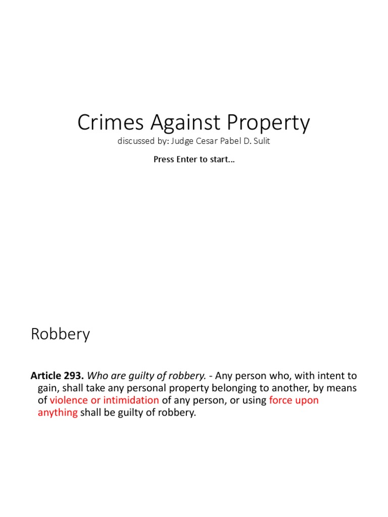 Crimes Against Property Slidepresentation | PDF | Robbery | Murder