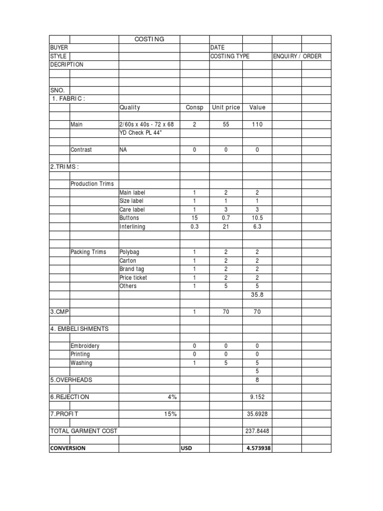 Garment Costing | PDF
