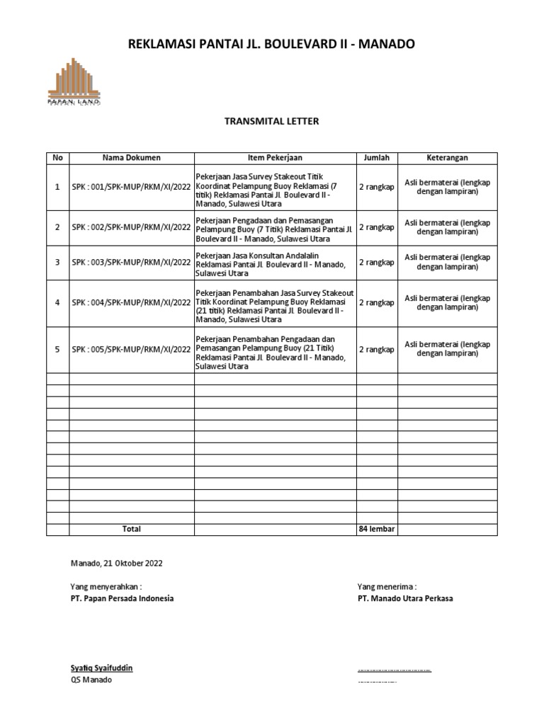 Transmittal SPK PT. MUP | PDF