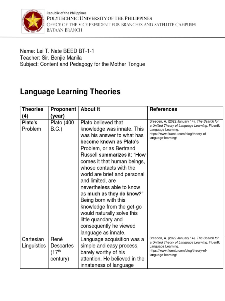 Table of Theories of Language | PDF | Language Acquisition | Metaphysics