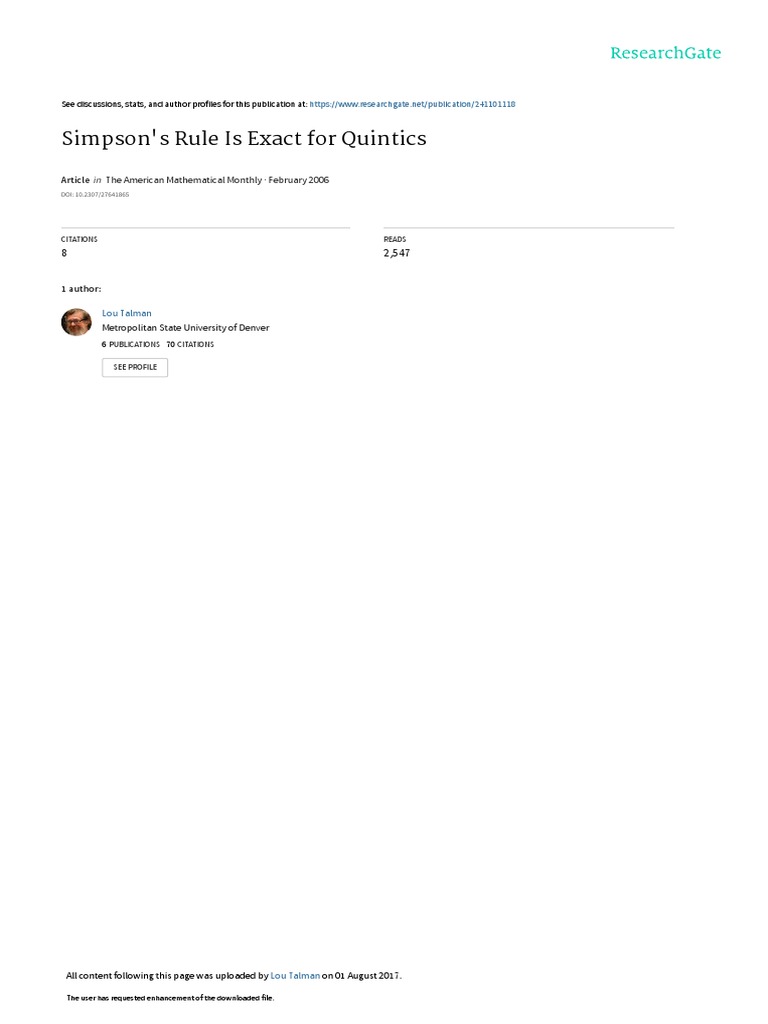 Simpsons Rule Is Exact For Quintics | PDF | Integral | Function ...