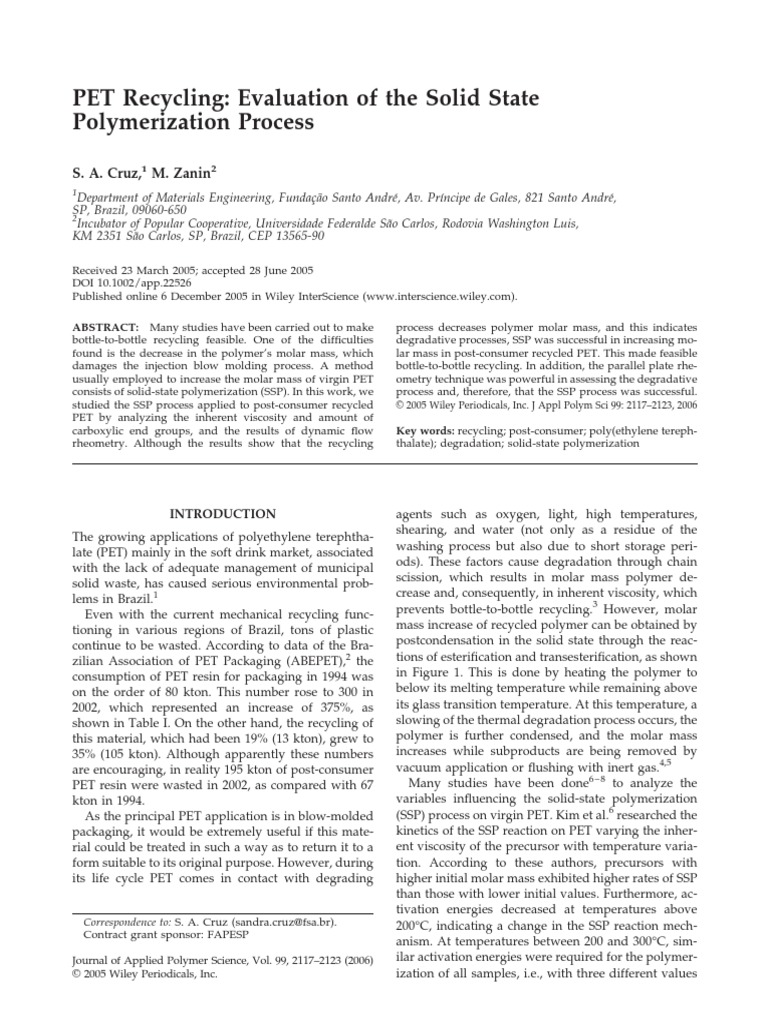 Journal - PET Recycling Evaluation of The Solid State Polymerization Process | PDF ...