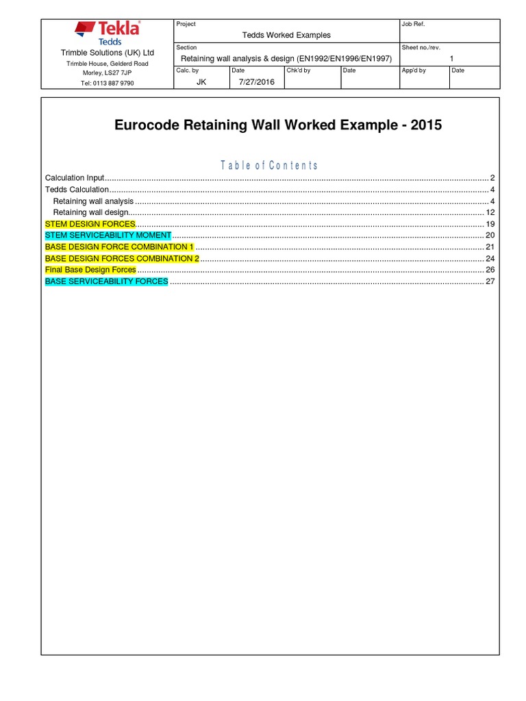 Eurocode Retaining Wall Design Example | PDF | Friction | Bending