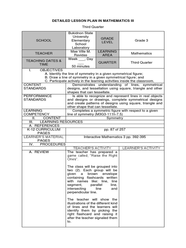 MATHEMATICS DETAILED LESSON PLAN EDITED VERSION | PDF | Symmetry | Teachers