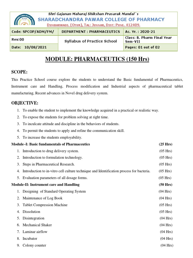 Practice School Syllabus Pharmaceutics Module | PDF | Tablet (Pharmacy) | Pharmacy