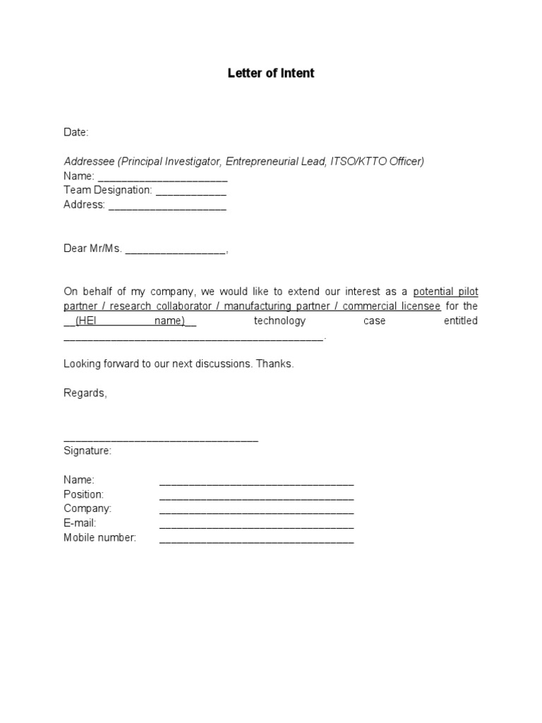 (Template) Letter of Intent | PDF | Business