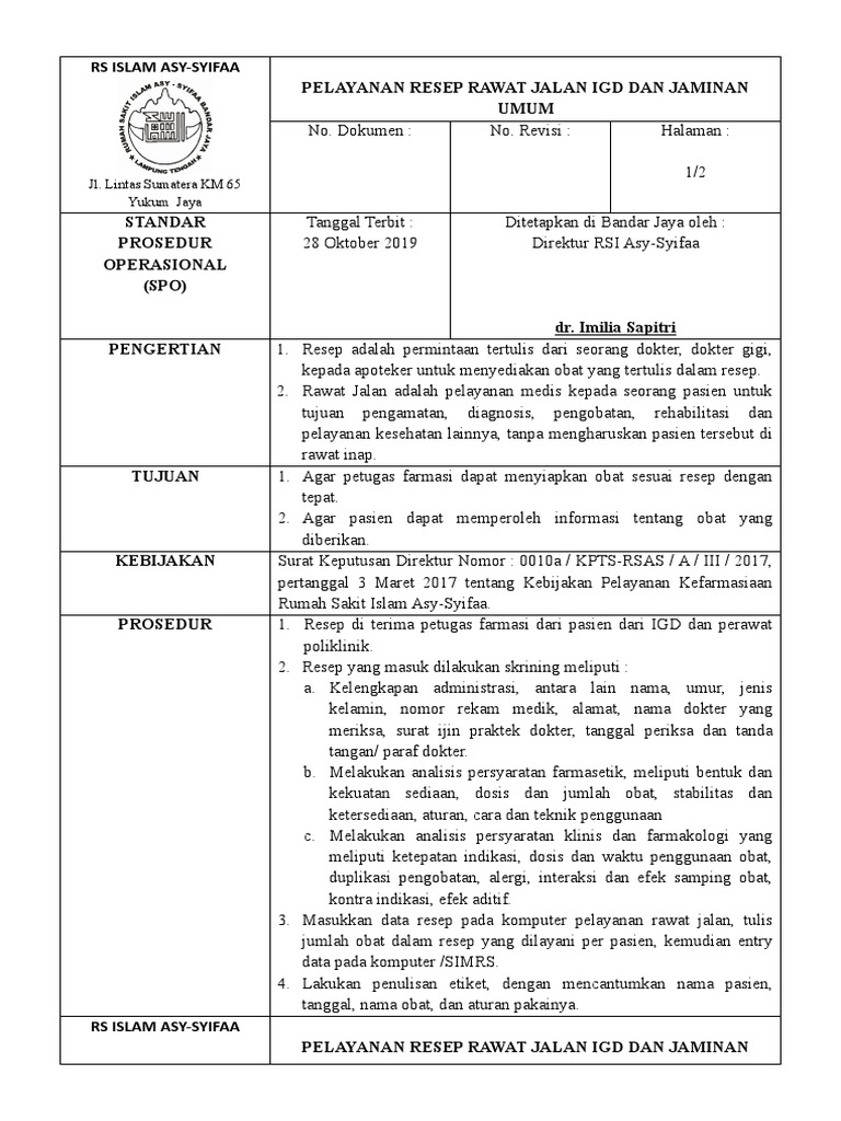 Revisi Spo Pelayanan Resep Rawat Jalan Igd Dan Umum | PDF