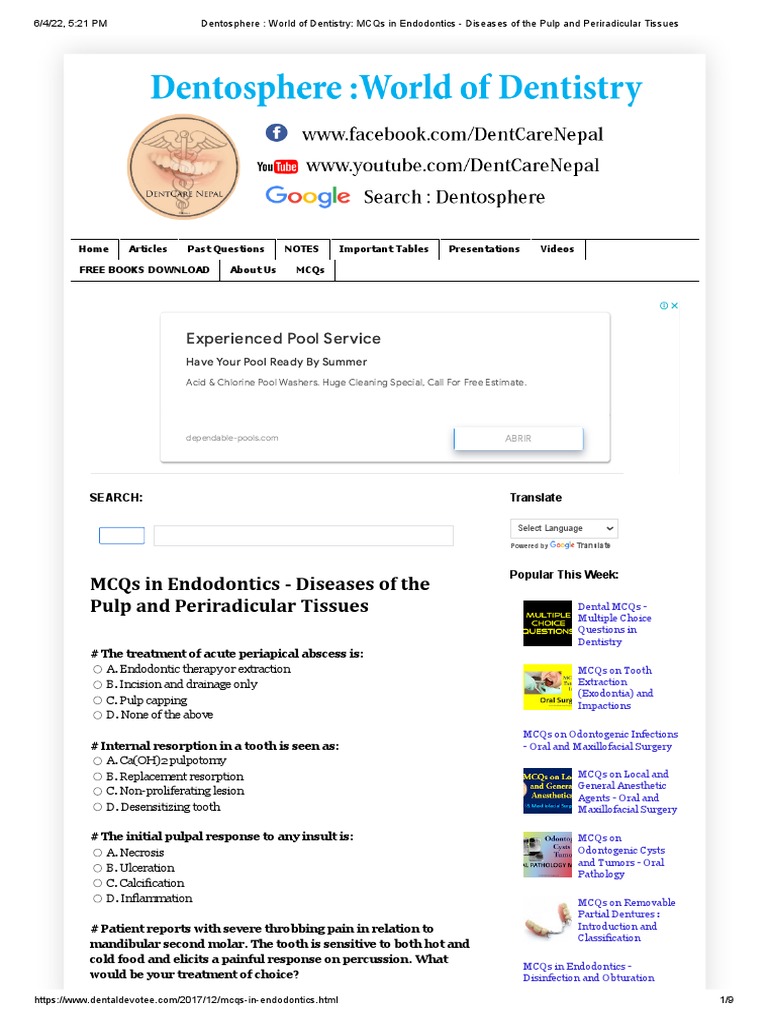 Dentosphere - World of Dentistry - MCQs in Endodontics - Diseases of ... Dentosphere - World of Dentistry - MCQs in Endodontics - Diseases of ...