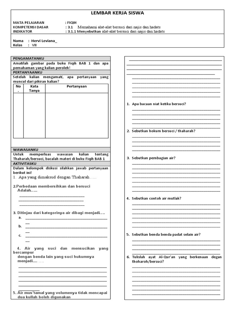 LKPD Fikih Kelas Vii Bab 1 | PDF