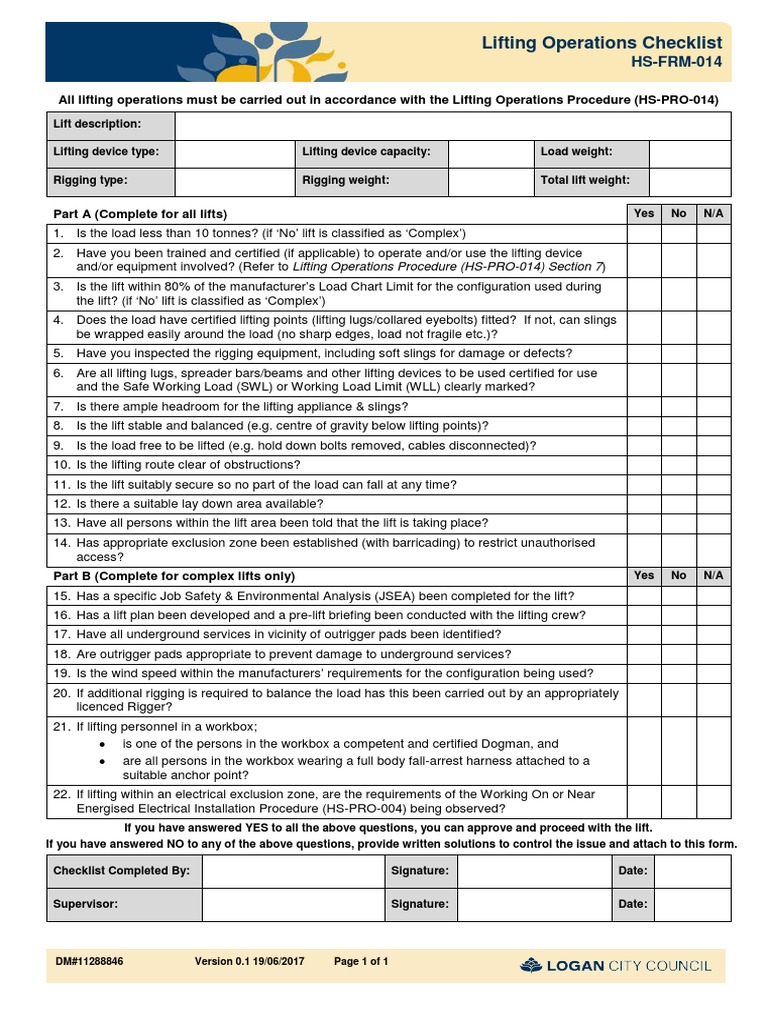 Lifting Operations Checklist | PDF | Equipment | Manufactured Goods