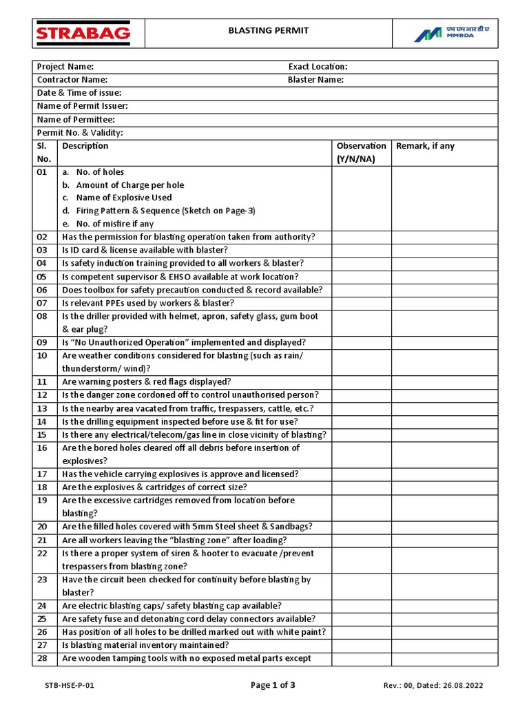 Blasting Permit STB-HSE-P-01 | PDF | Fuse (Electrical) | Electrical ...