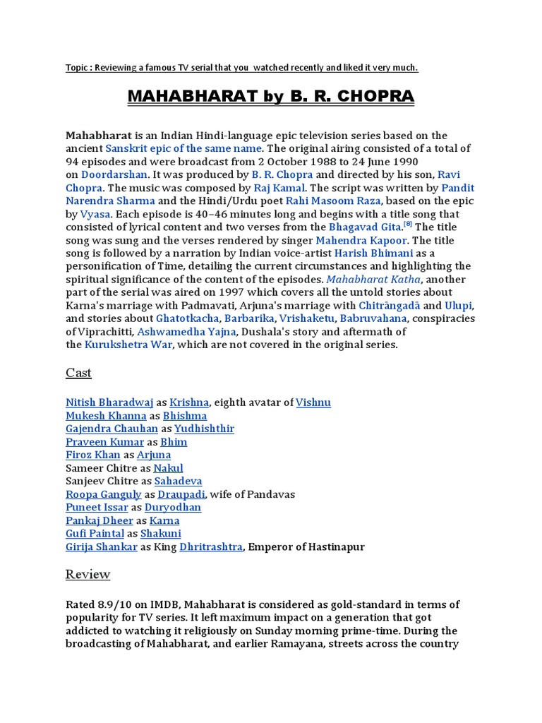 Review of 'MAHABHARAT' (1988) T.V. Series | PDF | Mahabharata | Vaishnava Texts