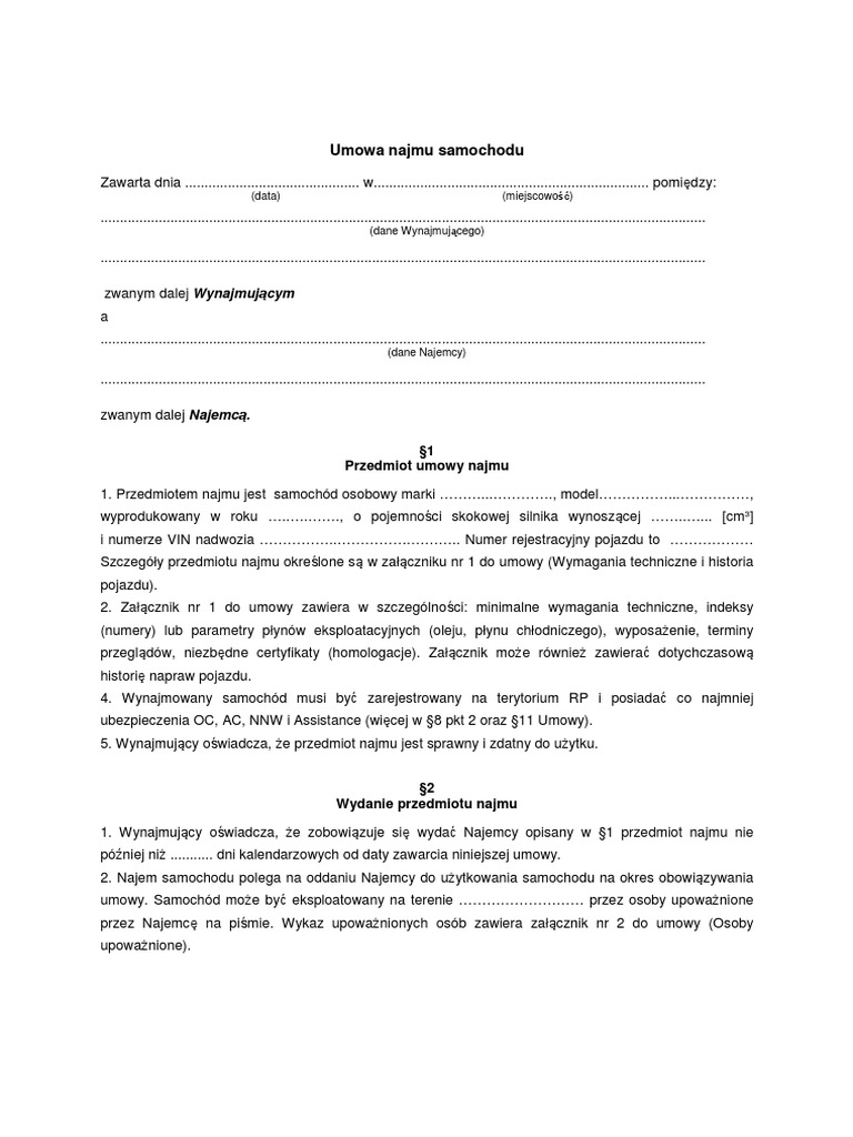 Umowa Najmu Samochodu - Wzor 2 | PDF